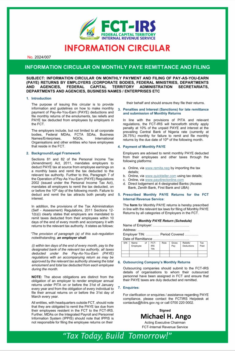 Information circular on monthly PAYE remittance and filing – FCT ...